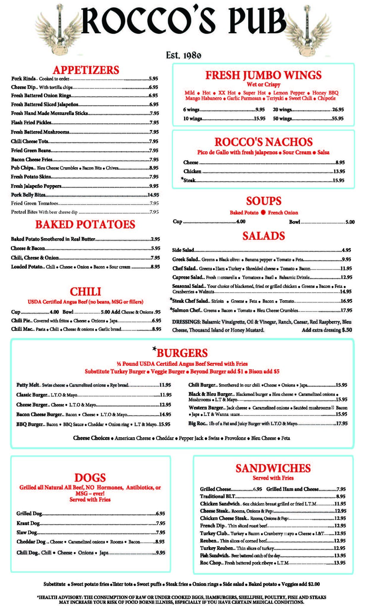 Menu Printable - Rocco's Pub